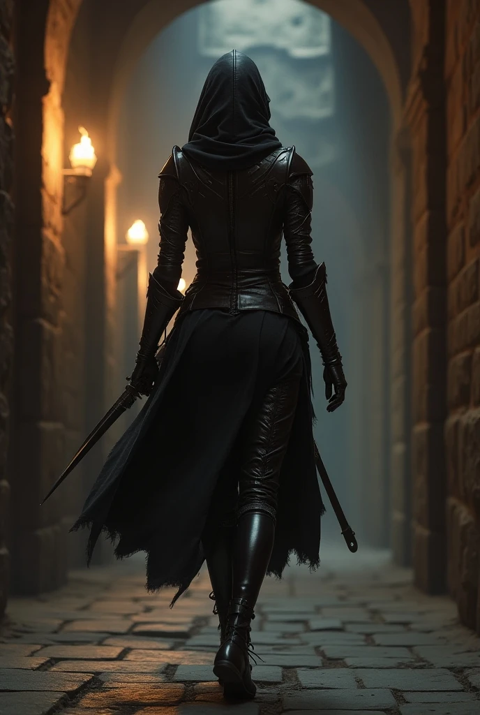 D&D fantasy a beautiful leather armor female stealth warrior sneaking ...