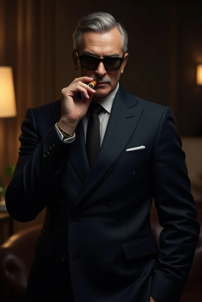 Create a realistic image of a very rich man in an elegant suit wearing ...