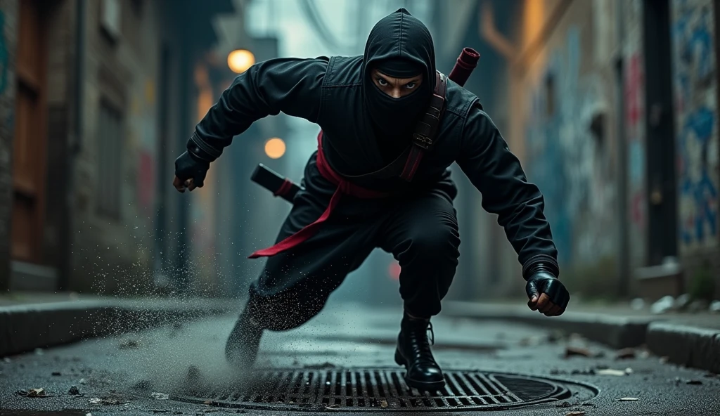 A realistic ninja is dramatically bursting out of a sewer grate in a ...