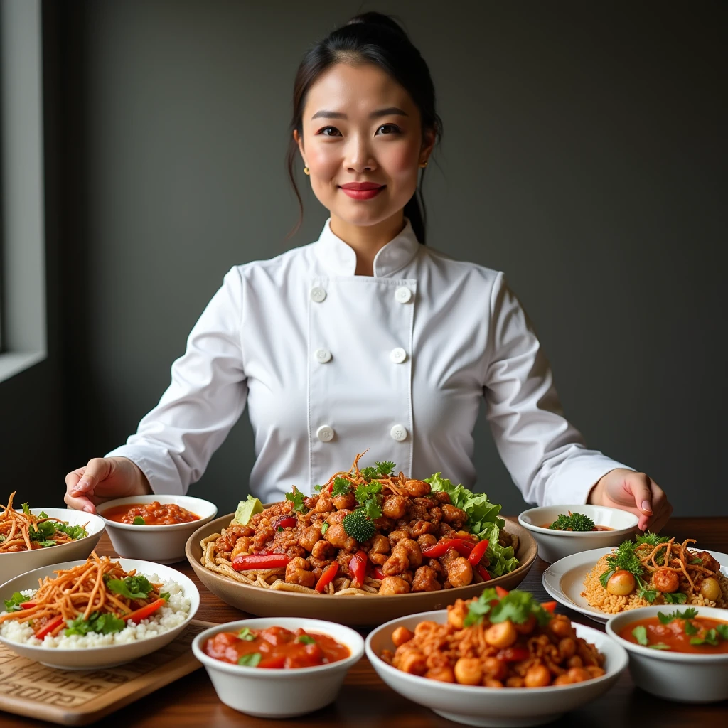 A beautiful female chef show a table full of chinese food, high ...