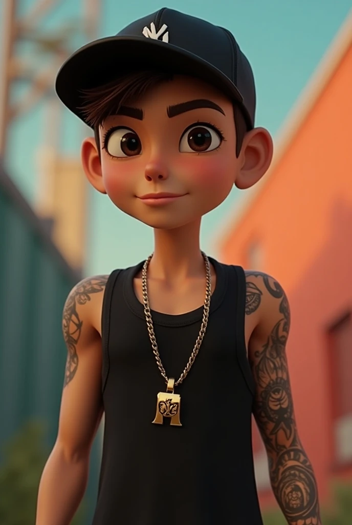 create a 3D Disneystyle avatar of a brunette rapper in a black cap ...