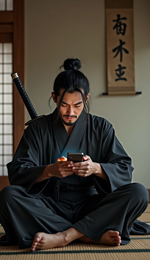 A samurai with a serious expression sits on the floor in a traditional ...