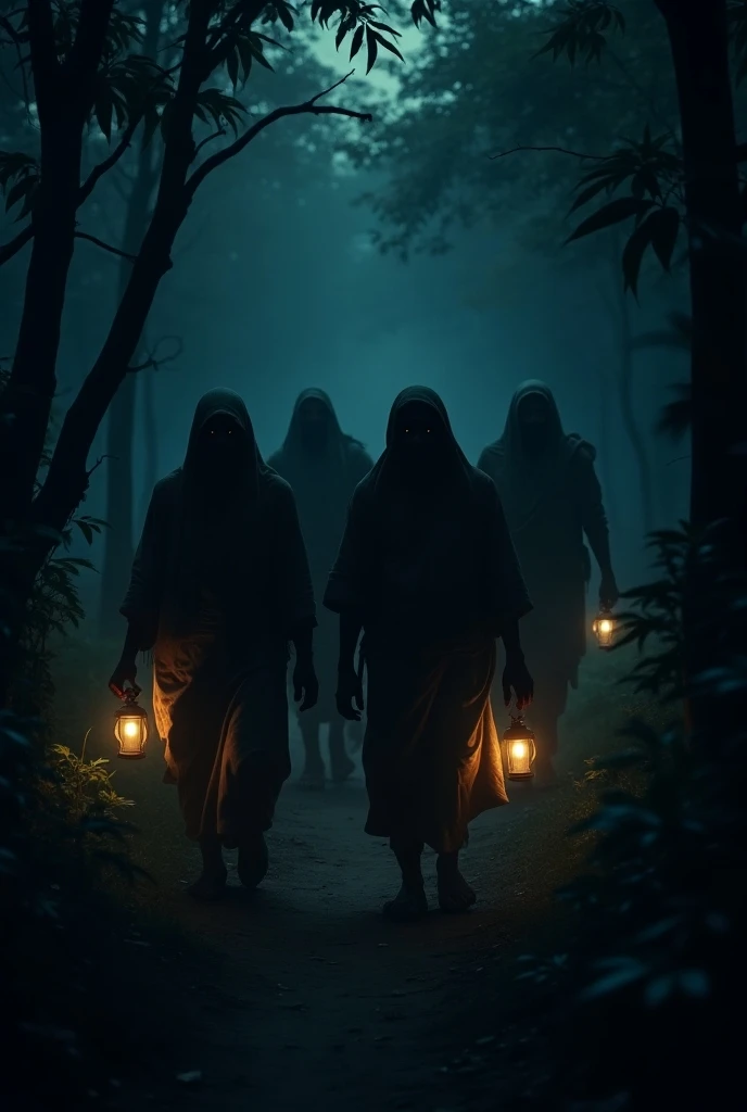 Four indian men village thef in forest at night - SeaArt AI