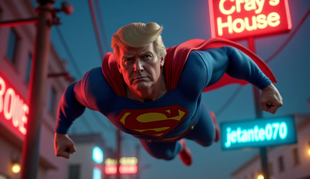 Donald trump superman with a T logo flying in the sky night Neon sign ...