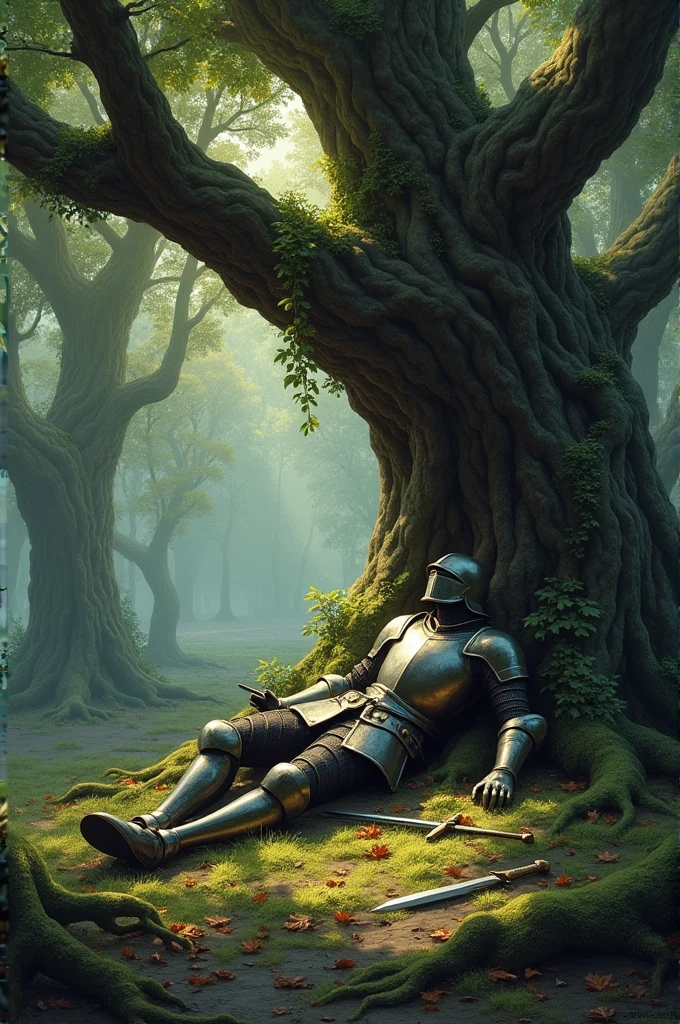 A knight lying on a tree with his broken sword at his side. - SeaArt AI