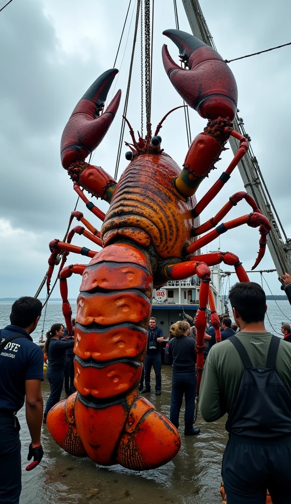 "A massive, gigantic lobsters on a fishing boat , surrounded by ...