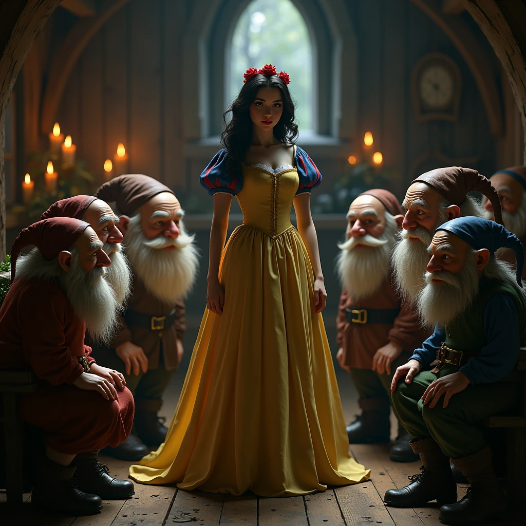 female Biancaneve surrounded by the seven male dwarfs with evil looks ...