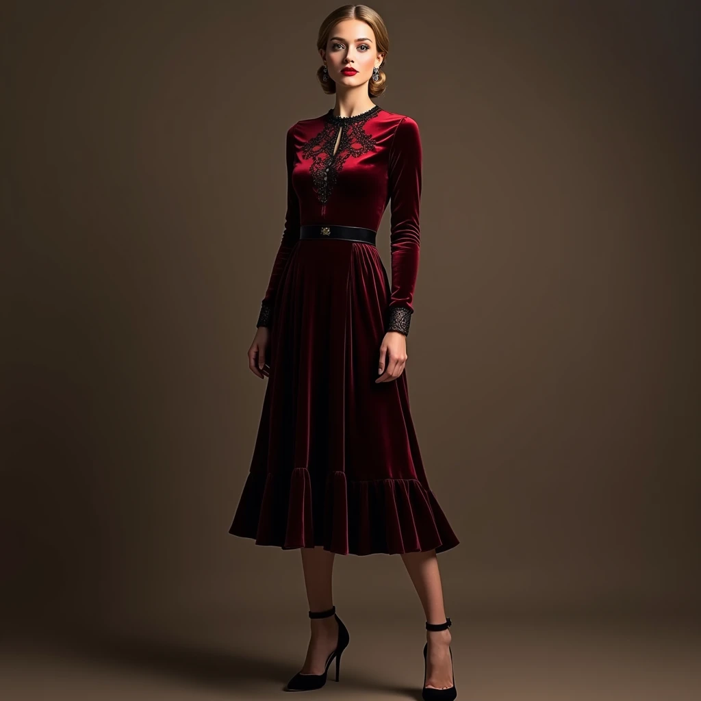 A Russian female model posing elegantly in a fit and flare dress ...