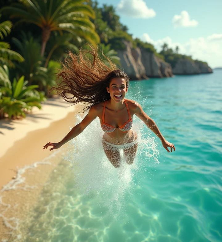 Brazilian brunette diving on the beach - SeaArt AI