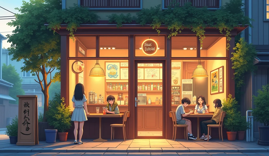 Anime cafe. A sign in front of the store says note lofi - SeaArt AI