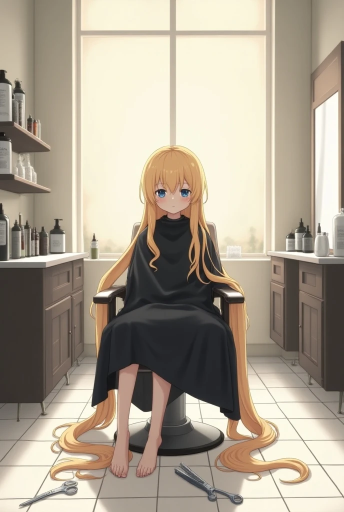 A shy anime girl with long blonde hair gets a haircut in a hair salon ...