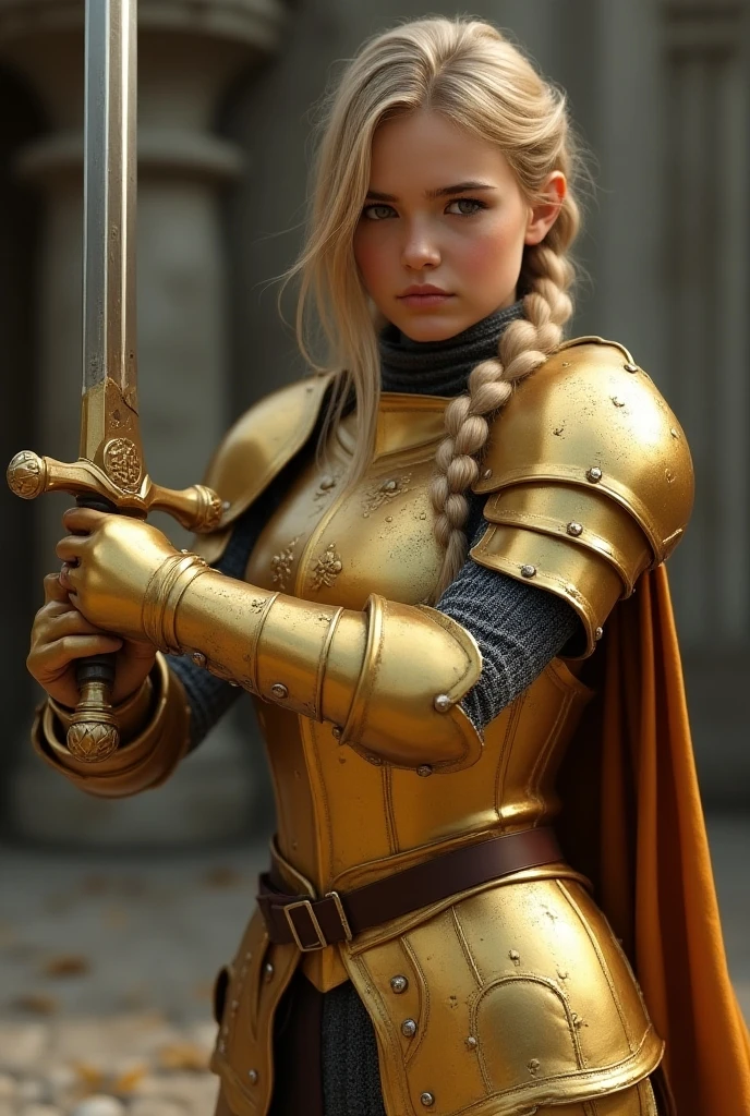 A girl knight in gold armor, knee pads, elbow pads, metal boots - SeaArt AI