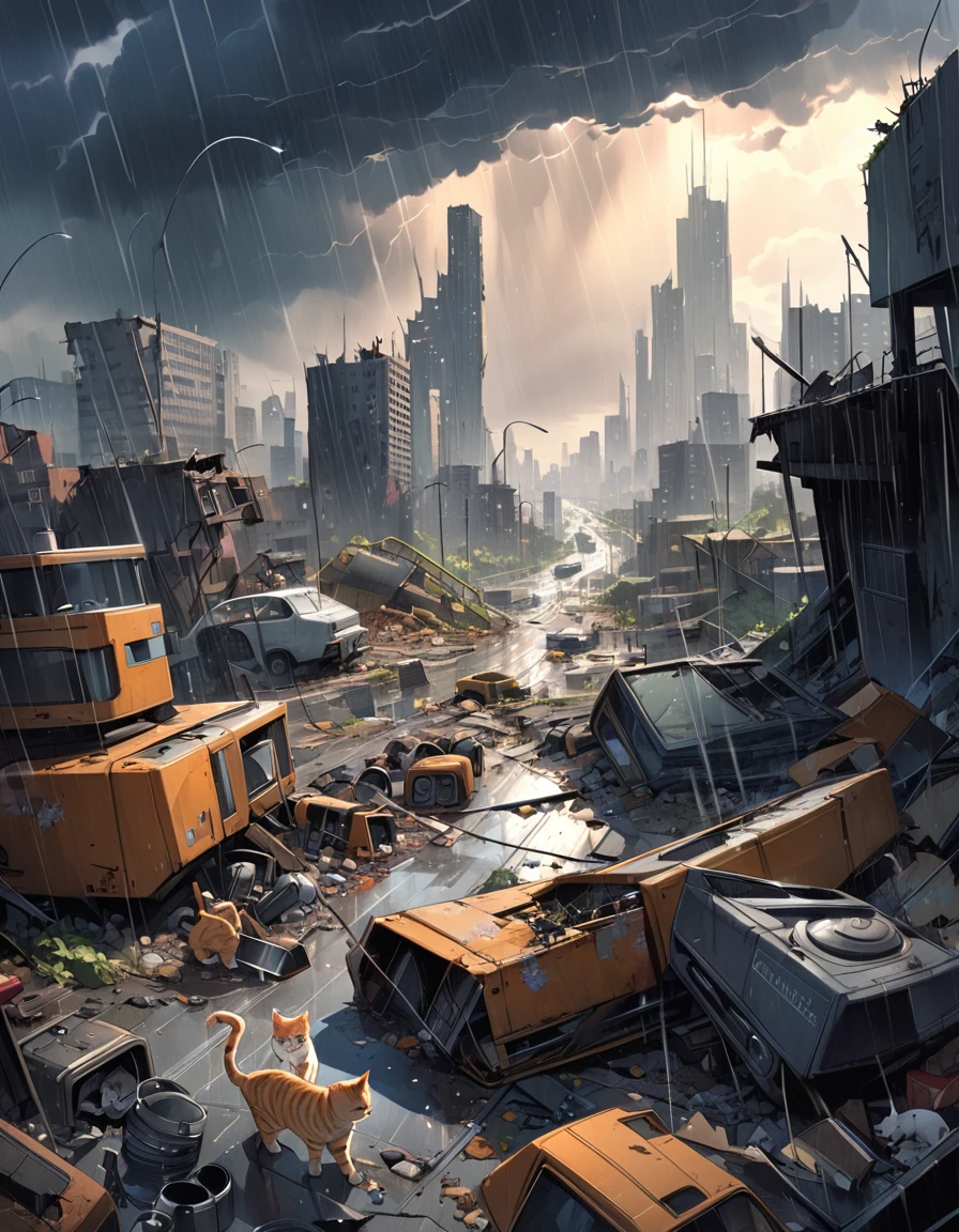 Post apocalyptic city landscape, collapsed, futuristic, two broken food ...