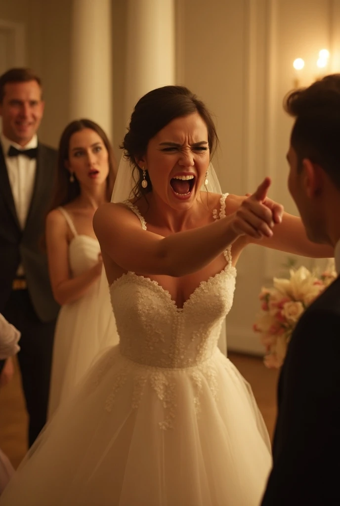 Cinematic scene: wedding, The bride in the wedding dress points her ...