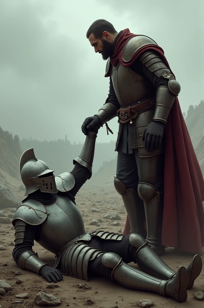 Generate a fallen knight on the floor , and another gentleman lifts him up with - SeaArt AI