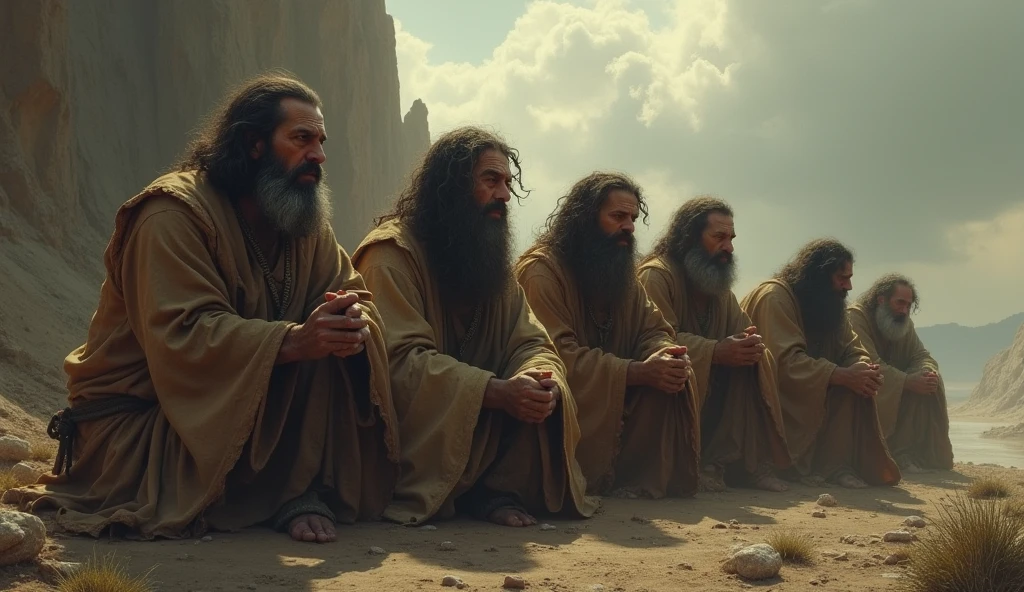 Several men in beards and dressed in tunics , they are looking up at ...