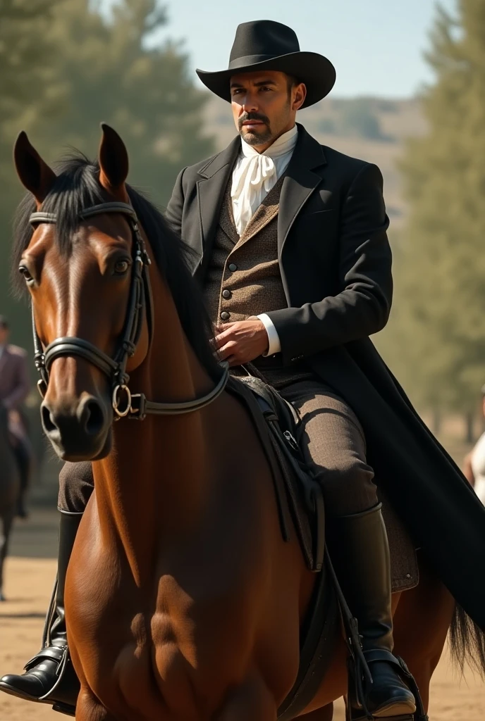 Don Segundo, still riding his horse , turns its head slightly towards ...