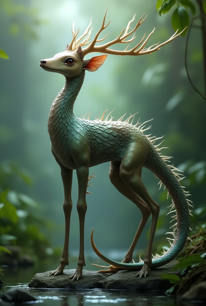 A hybrid with the slender body of a deer, covered in scales and fins ...