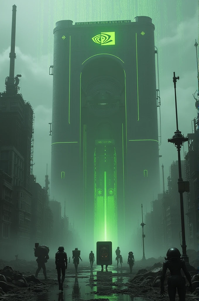 "Generate an ominous image of a dark, futuristic tech fortress looming ...