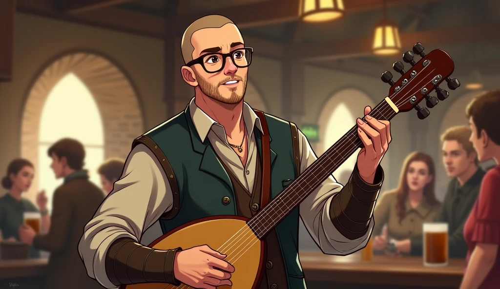 A human bard, man and adventurer in a tavern playing his lute - SeaArt AI