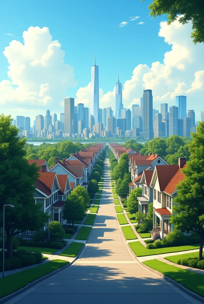 american suburb with a city in background - SeaArt AI