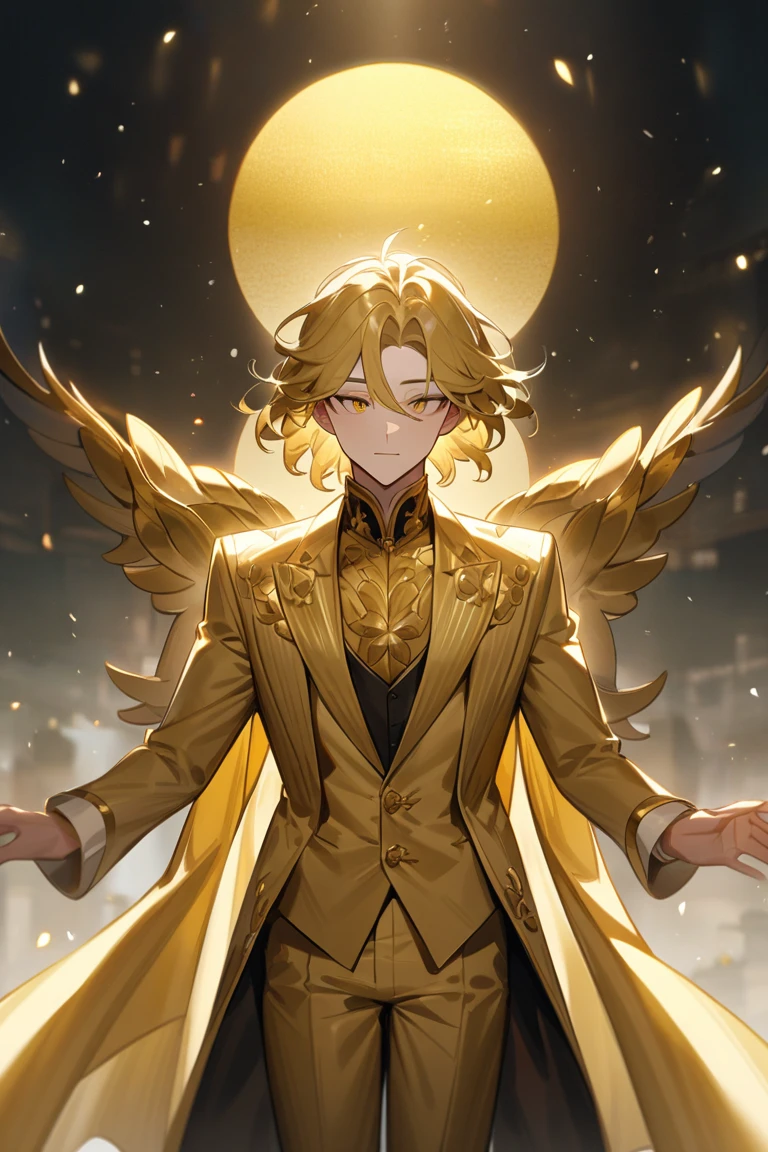 A tall tall boy with golden hair and golden eyes in elegant gold ...