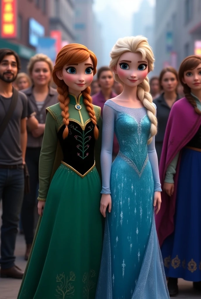 Ana and Elsa from Disney in a queue with several real people - SeaArt AI