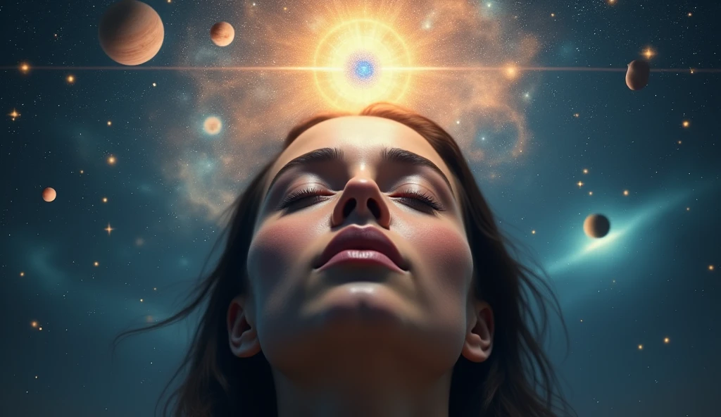 A close-up of a person’s face, eyes closed, with a soft light glowing ...