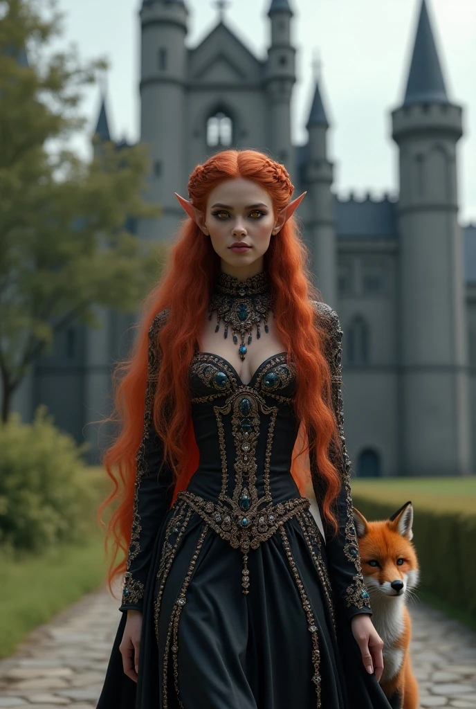 orange-eyed elf , She has small ears. an elf with lots of gold and ...