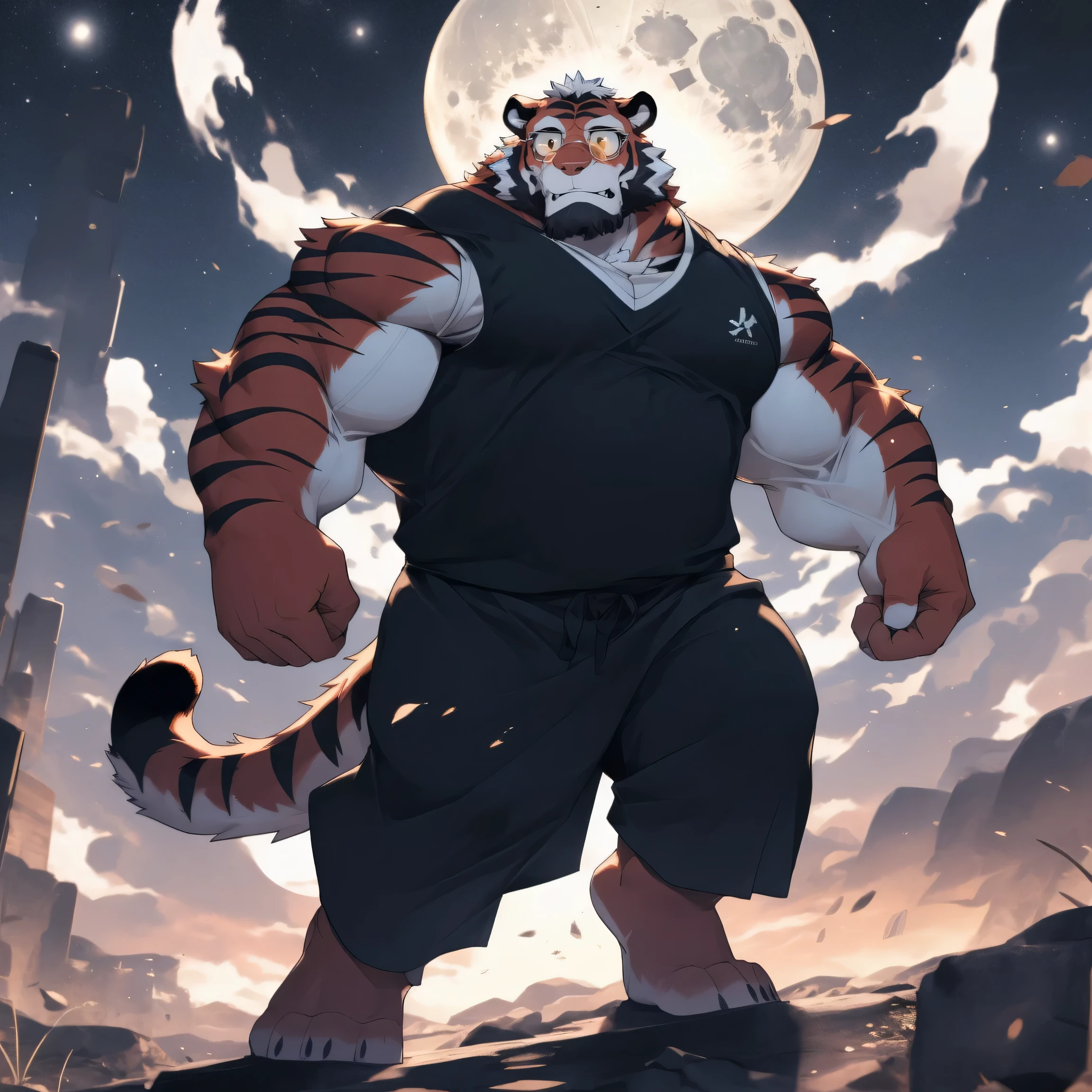 Hairy,(red fur:1.3), tiger ，(Black-rimmed glasses:1.3)，beard - SeaArt AI