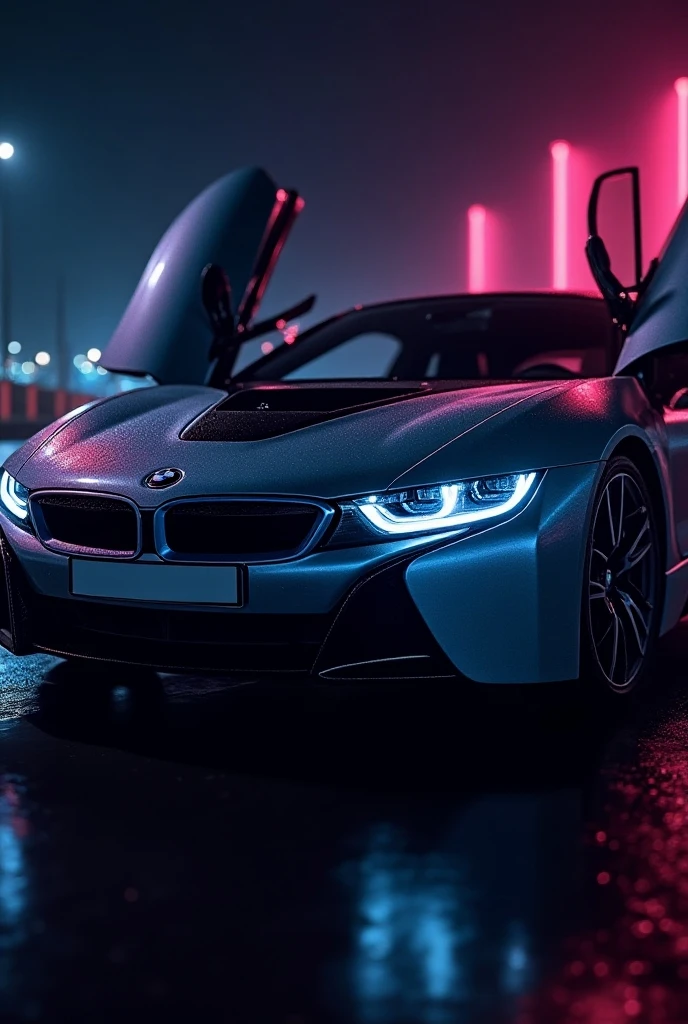 Bmw i8 in neon light in night half photo - SeaArt AI