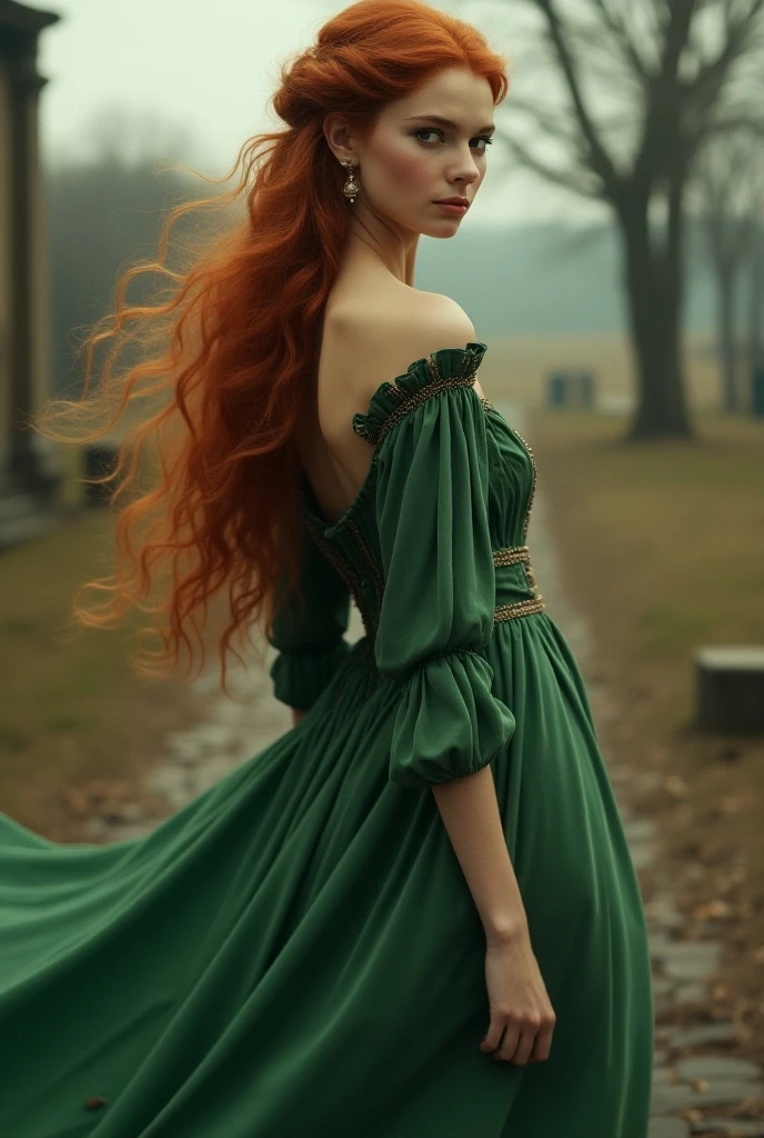Copper-haired girl in period dress green dress Turning my back - SeaArt AI