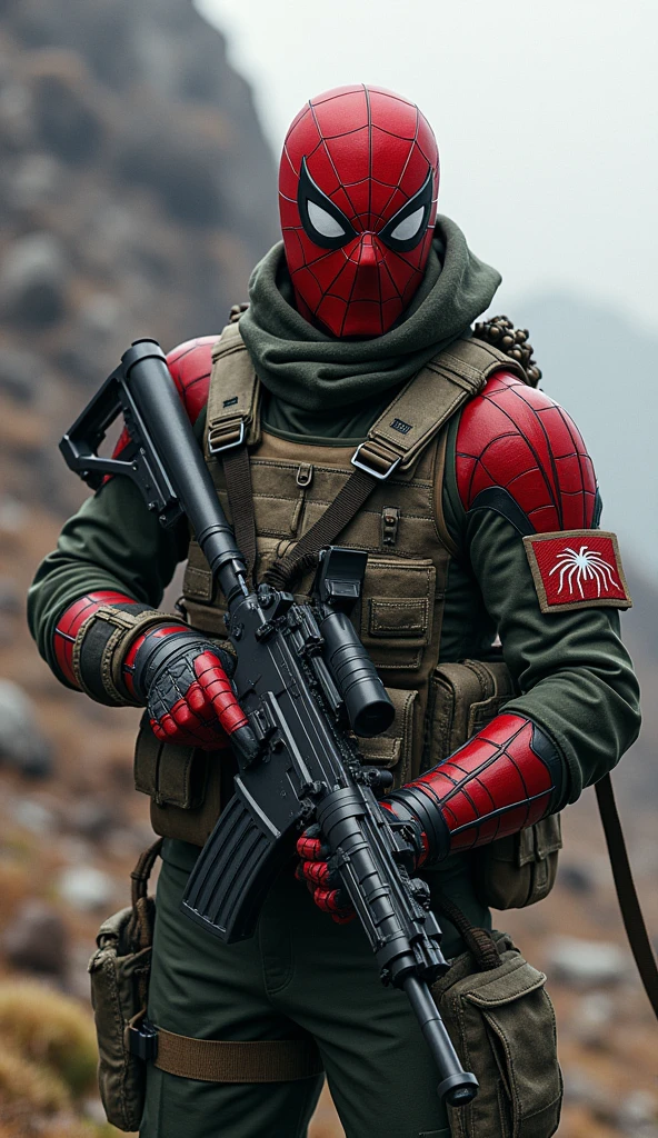 Spiderman, complete with his army uniform, carrying a full arsenal of ...