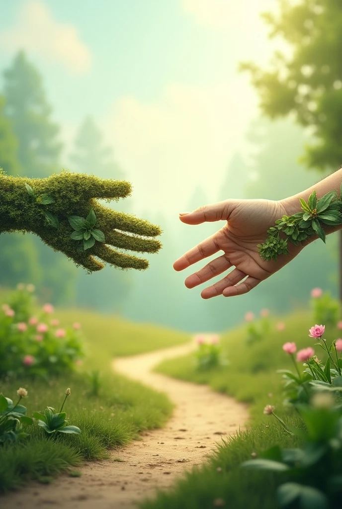 "Generate a landscape image of two hands reaching towards each other ...