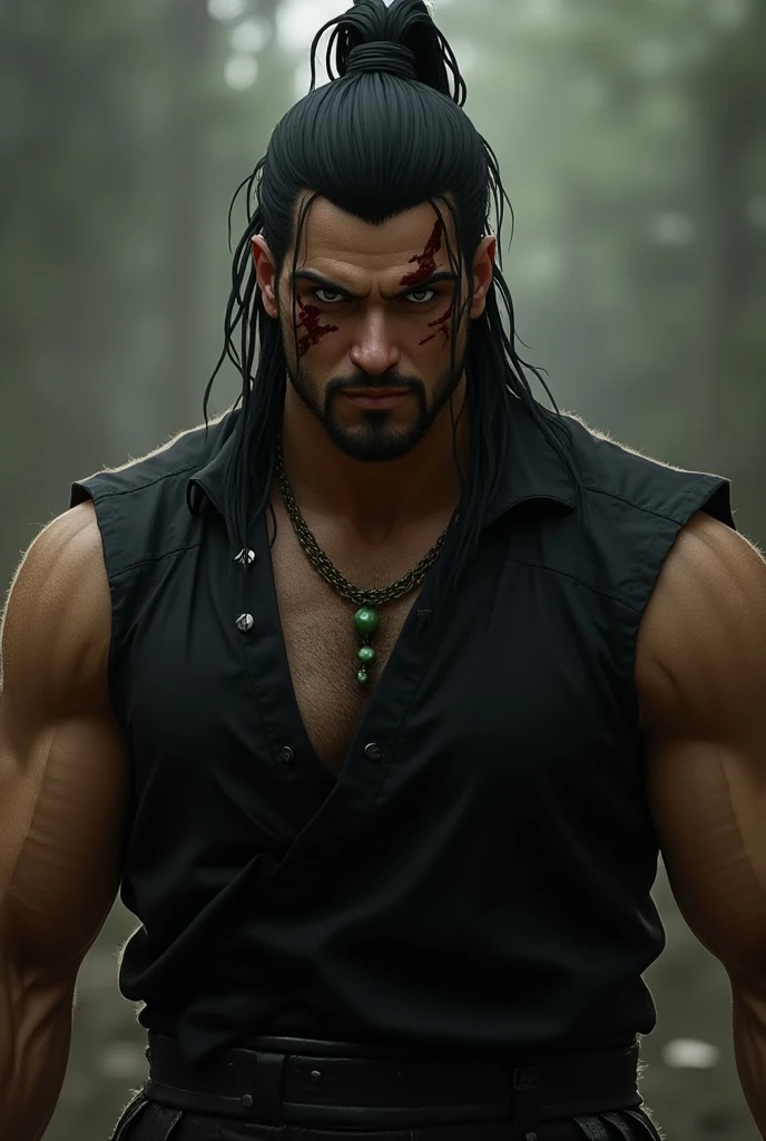 Samurai man with long black hair tied, with a sleeveless black shirt ...