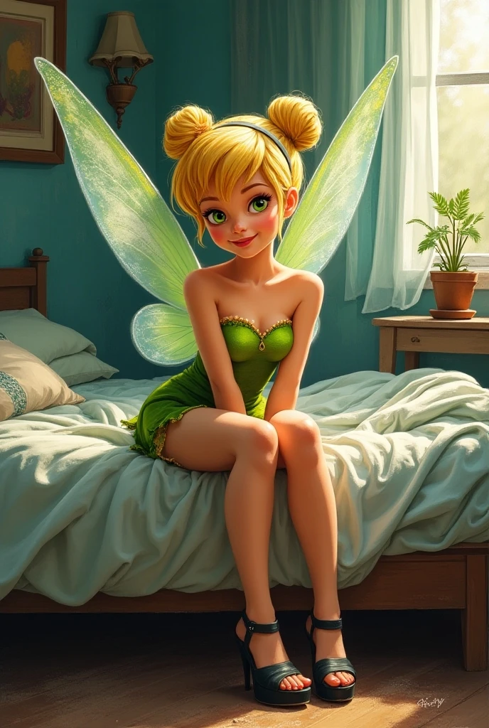 Full body image of Tinkerbell girl in pigtails sits on her bed in her room She - SeaArt AI