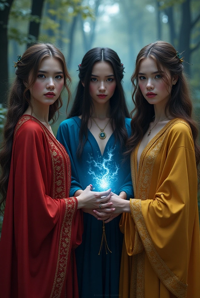 Give me the image of three beautiful beautiful witches dressed one in ...