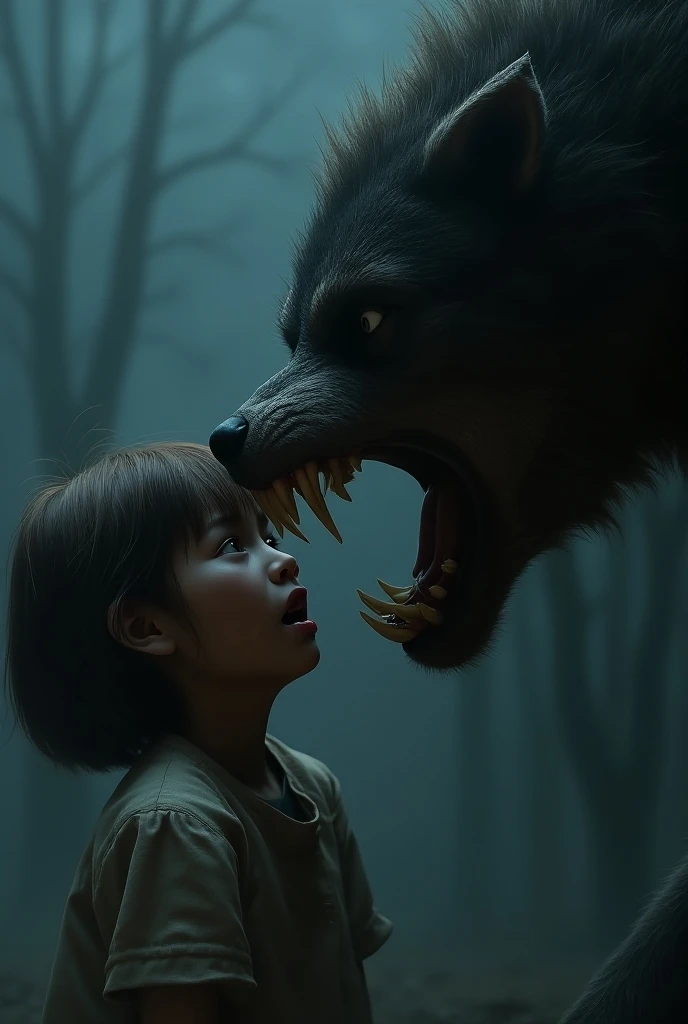 Werewolf, sideways close to the face of a very scared and scared girl ...
