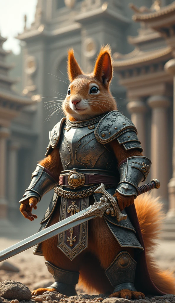 A valiant squirrel dressed as a swordsman in colossal armor, wielding a ...