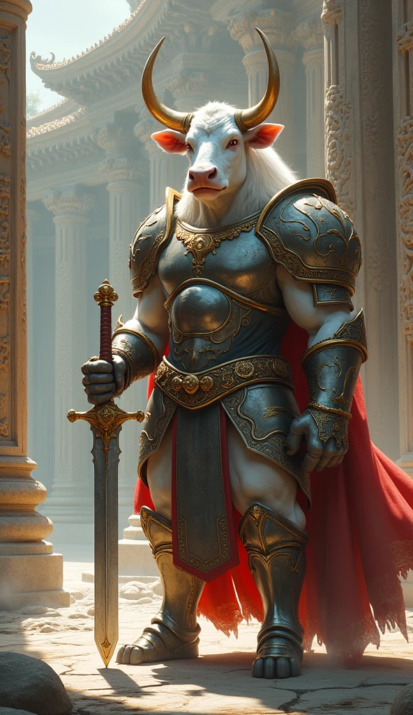 A mighty white cow dressed as a swordsman in colossal armor, wielding a ...