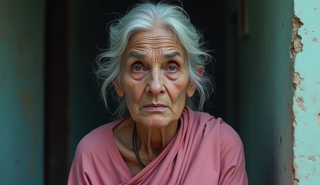 An elderly woman in her mid-70s, frail and hunched, with thinning white ...