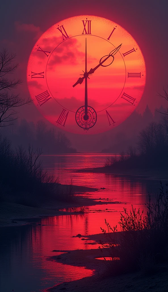 Heat haze art, huge, round crimson sunset, clockpunk, sunset clock with ...