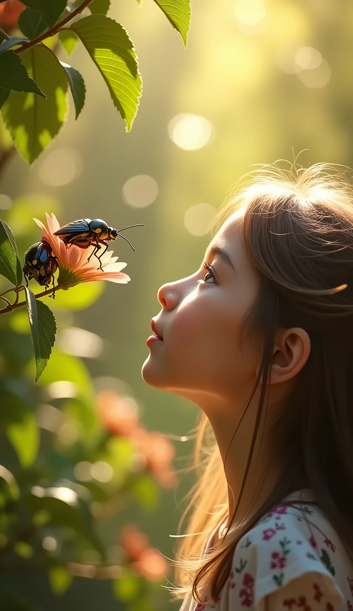 A young girl gazing at cicadas rubbing their wings together and ...