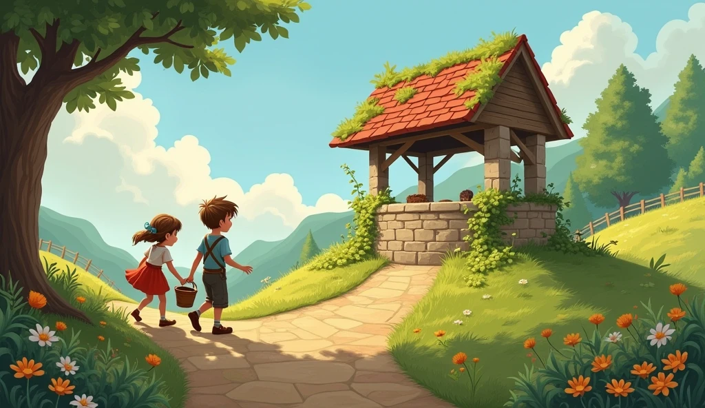 "To fetch a pail of water" Depict youg Jack and Jill reaching a quaint ...