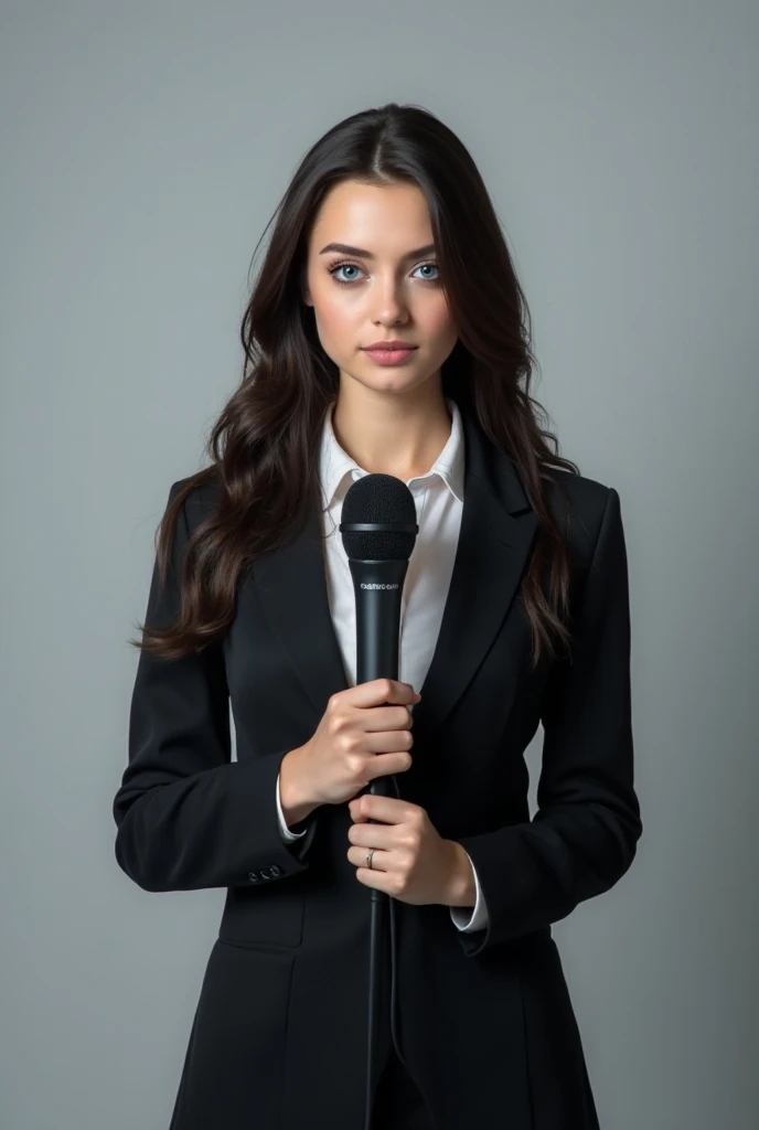 Young russian girl, reporter, Microphone in hand, long dark hair ...