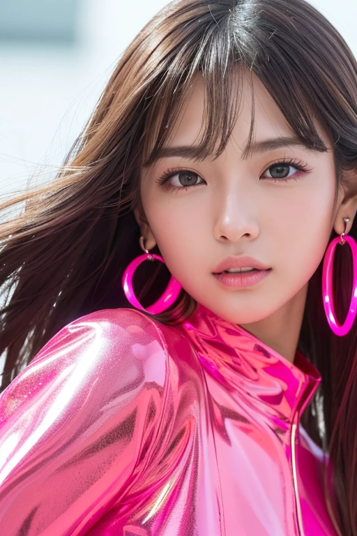 face close-up 、 Huge 、Long brown hair、Shiny, Oily skin、 Glowing Skin ...