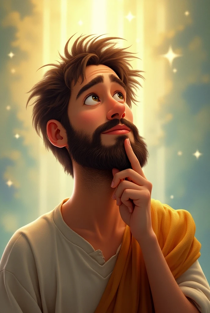 Make me a Pixar image of a thoughtful man imagining how to be like ...