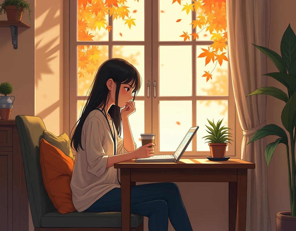 Anime drawings、autumn leaves、girl、 I'm studying with a cup of coffee ...