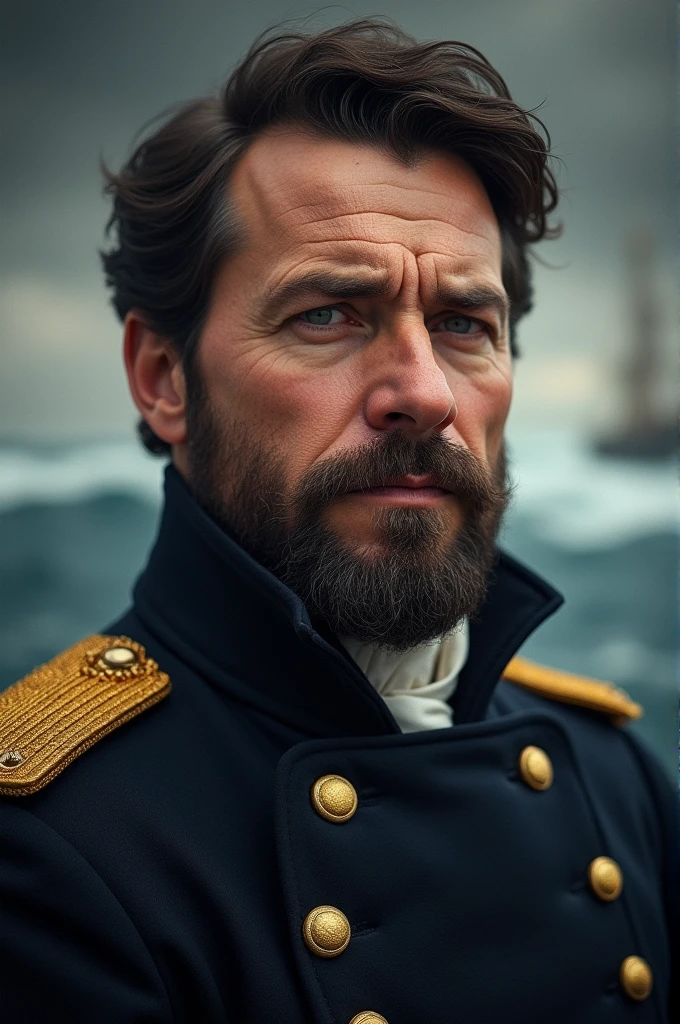 A realistic portrait of a 19th-century ship captain, wearing a dark ...
