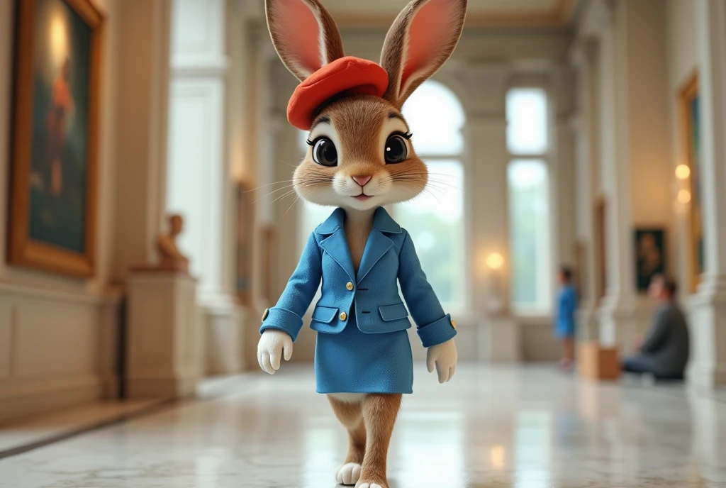 An anthropomorphic female hare wearing blue French designer clothes ...